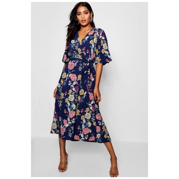 Boohoo | Dresses | Boohoo Nancy Angel Sleeve Floral Wrap Midi Dress In ...